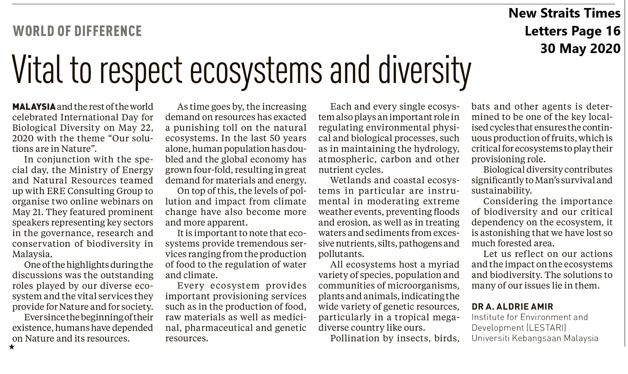 Vital to respect ecosystems and diversity – Dr. A. Aldrie Amir