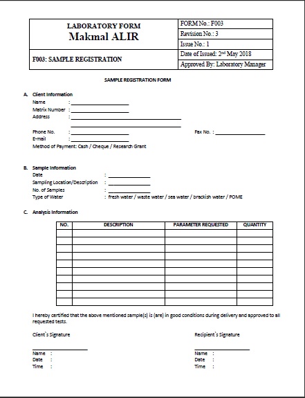 Sample Registration Form | Pusat Penyelidikan & Analisis Air