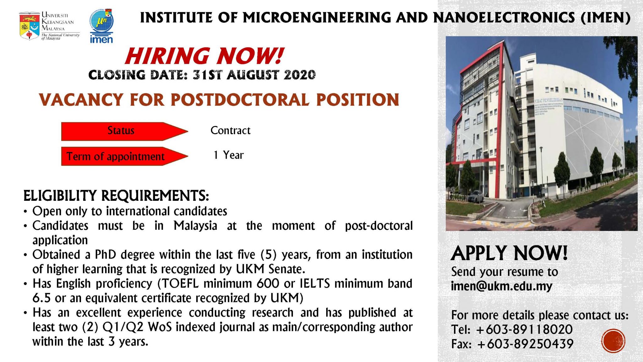 Vacancy for International Postdoctoral Researcher | Institute of ...