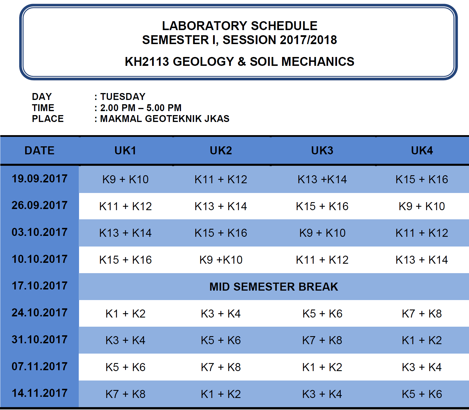 Lab Schedule KKKH2113 | Department of Civil Engineering