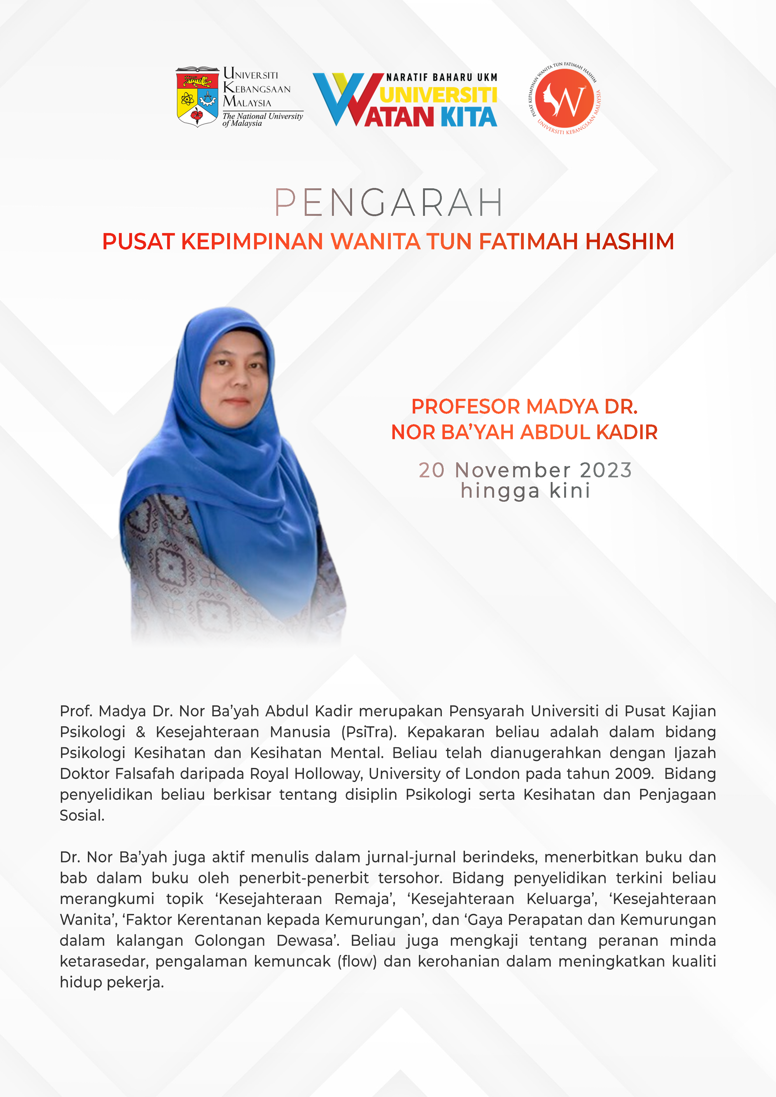 Pengarah PKWTFH | Pusat Kepimpinan Wanita Tun Fatimah Hashim