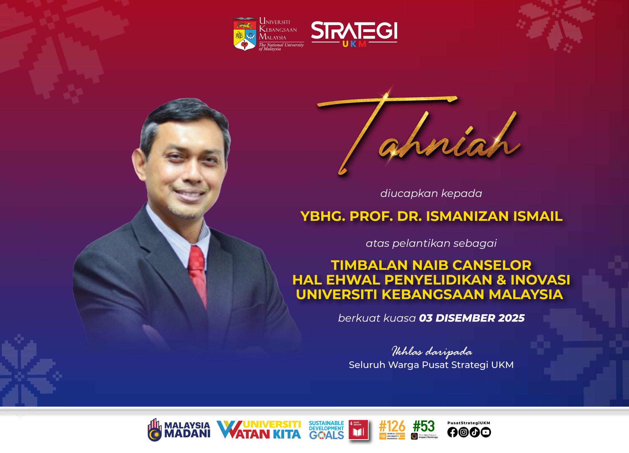 Tahniah YBhg. Prof. Dr. Ismanizan Ismail pelantikan sebagai Timbalan ...