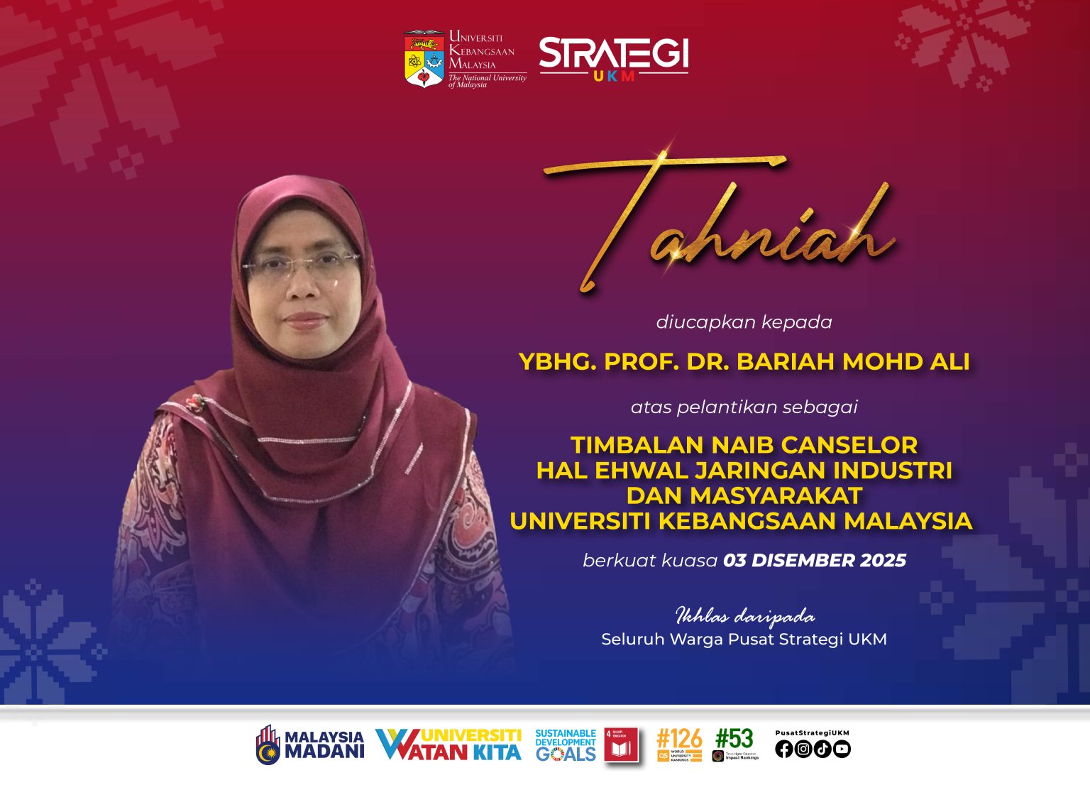 Tahniah YBhg. Prof. Dr. Bariah Mohd Ali pelantikan sebagai Timbalan ...