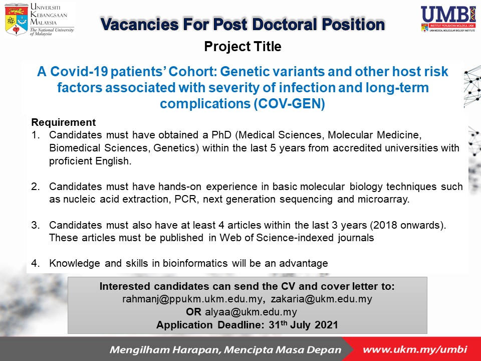 Vacancies For Post Doctoral Position | UKM Medical Molecular Biology ...
