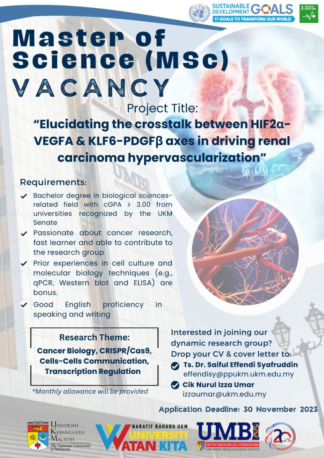 Master of Science (MSc) Vacancy | UKM Medical Molecular Biology Institute