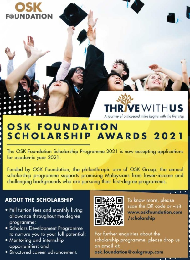 OSK Foundation Scholarship Awards 2021 | Yayasan Canselor